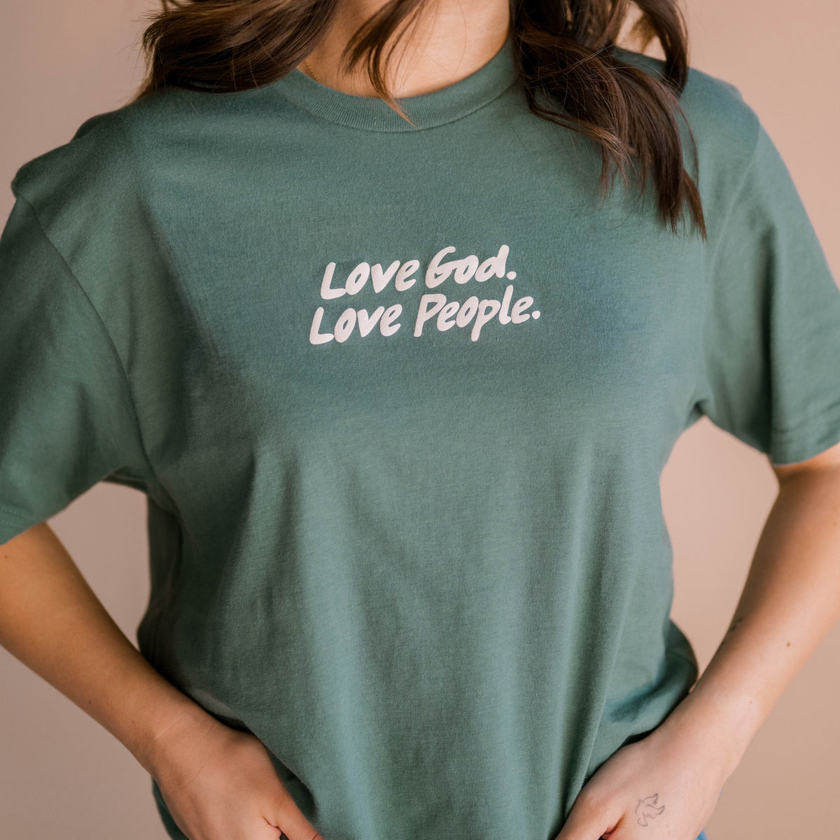 Love God Love People Tee- Muted Green – Dear Heart